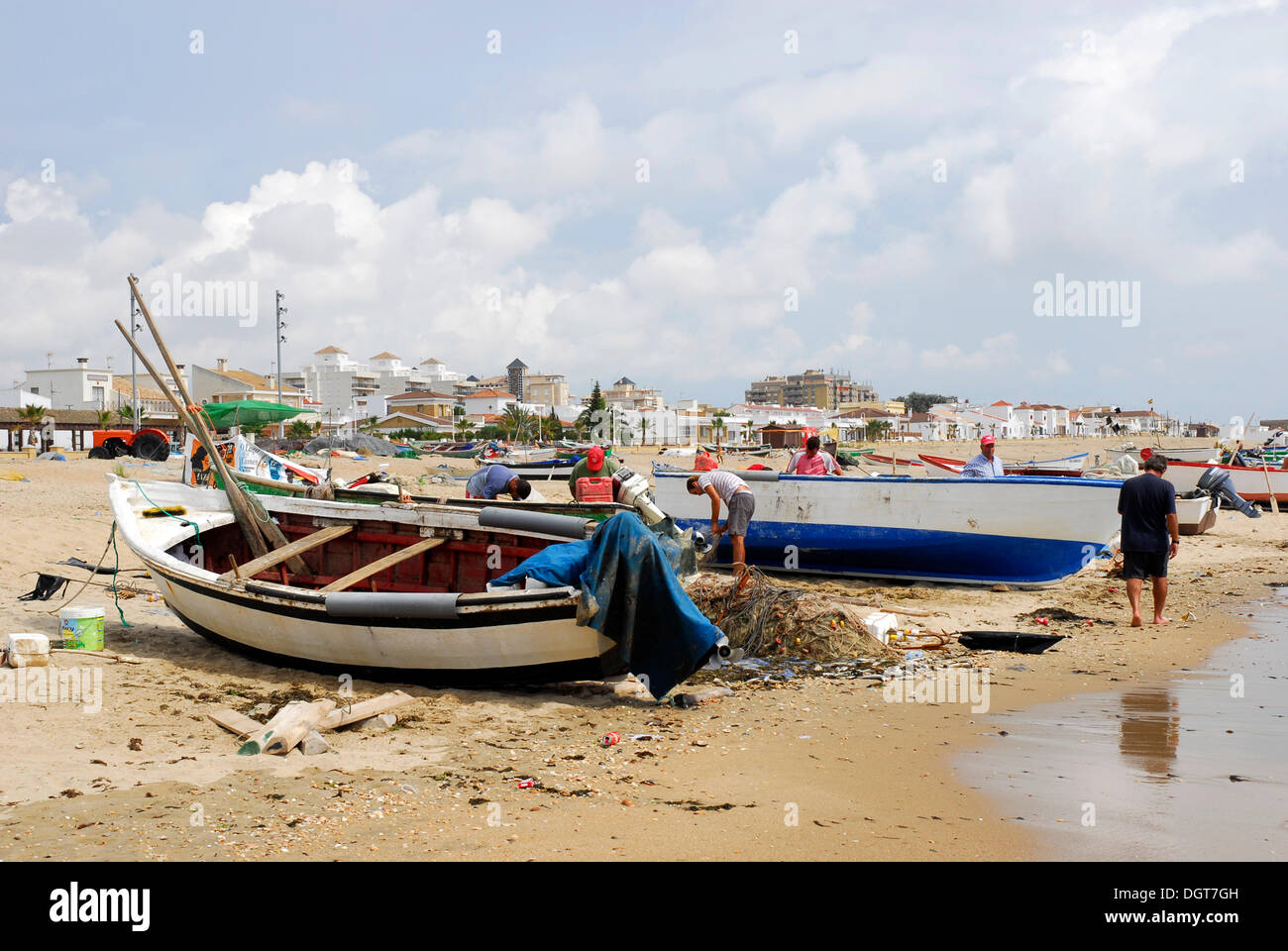 Beach at the Atlantic Ocean, boats of the fishing village La Antilla ...