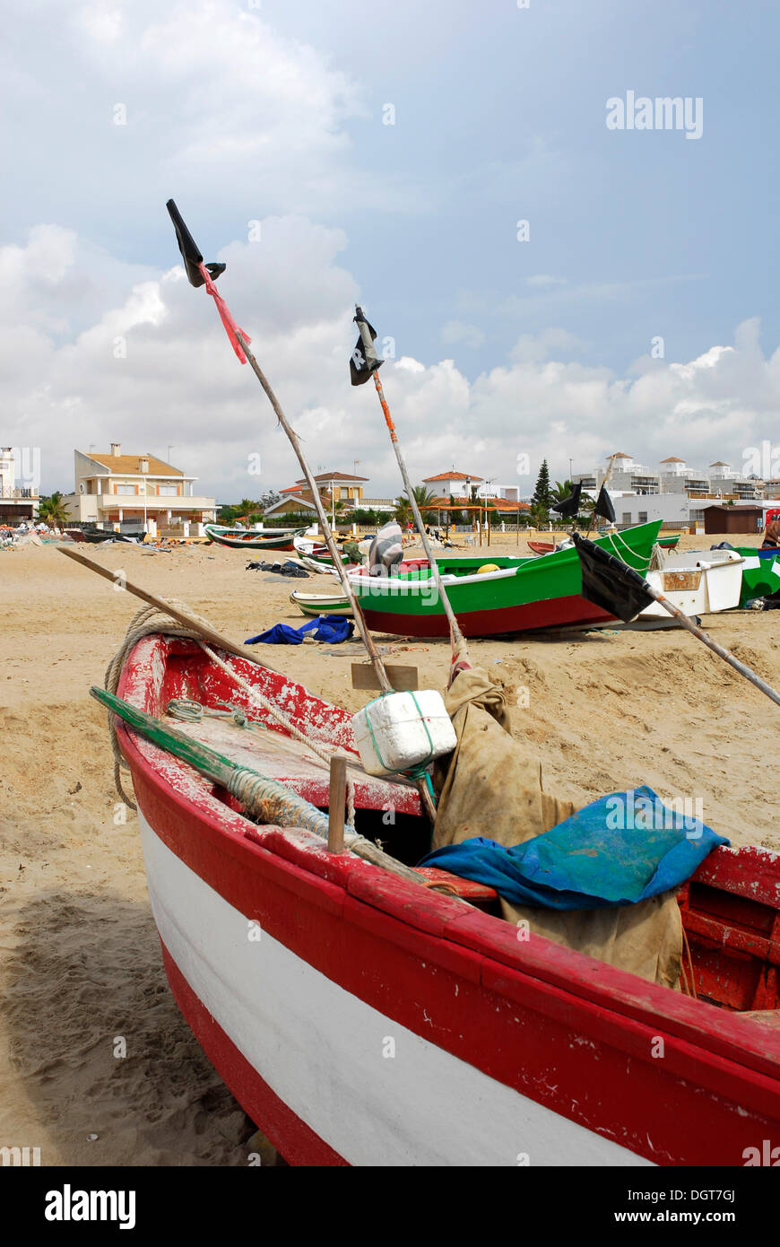 Beach at the Atlantic Ocean, boats of the fishing village La Antilla ...