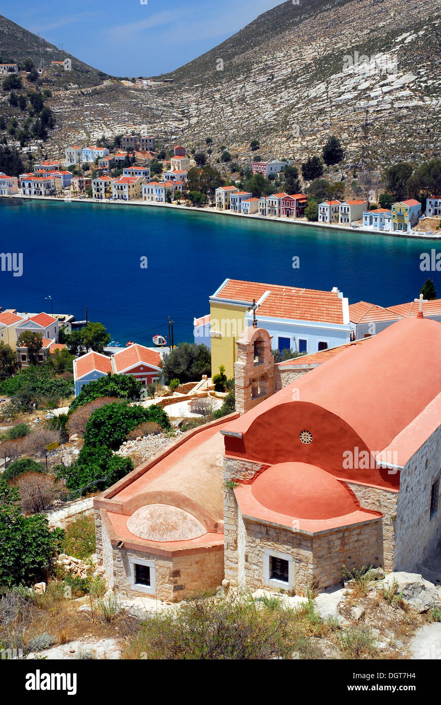 St. Nicholas church above the bay, town Megisti on Kastelorizo island ...