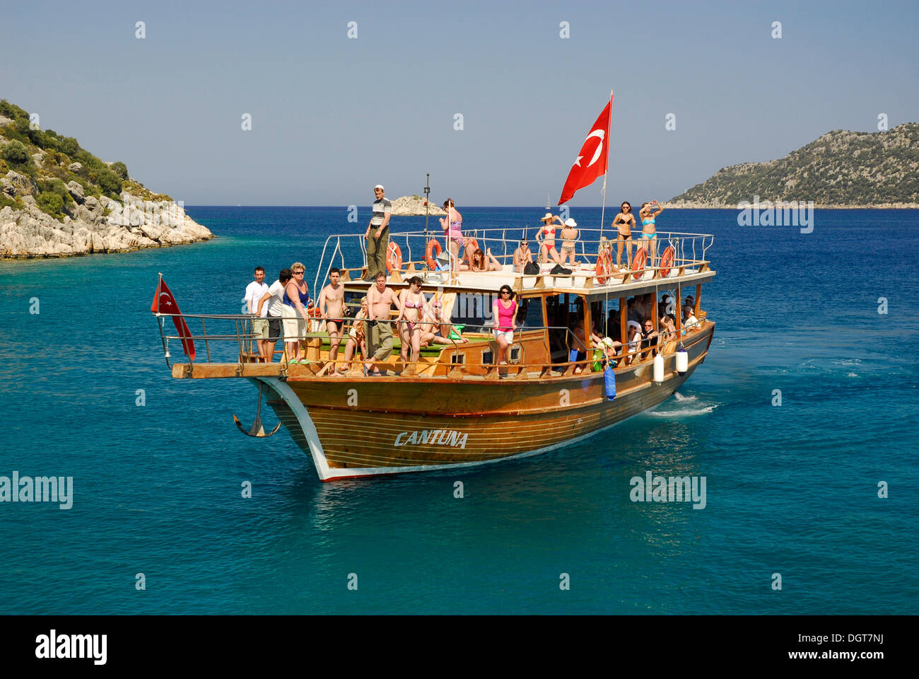 Excursion boat off island in the Kekova Bay, Lycian coast, Antalya ...
