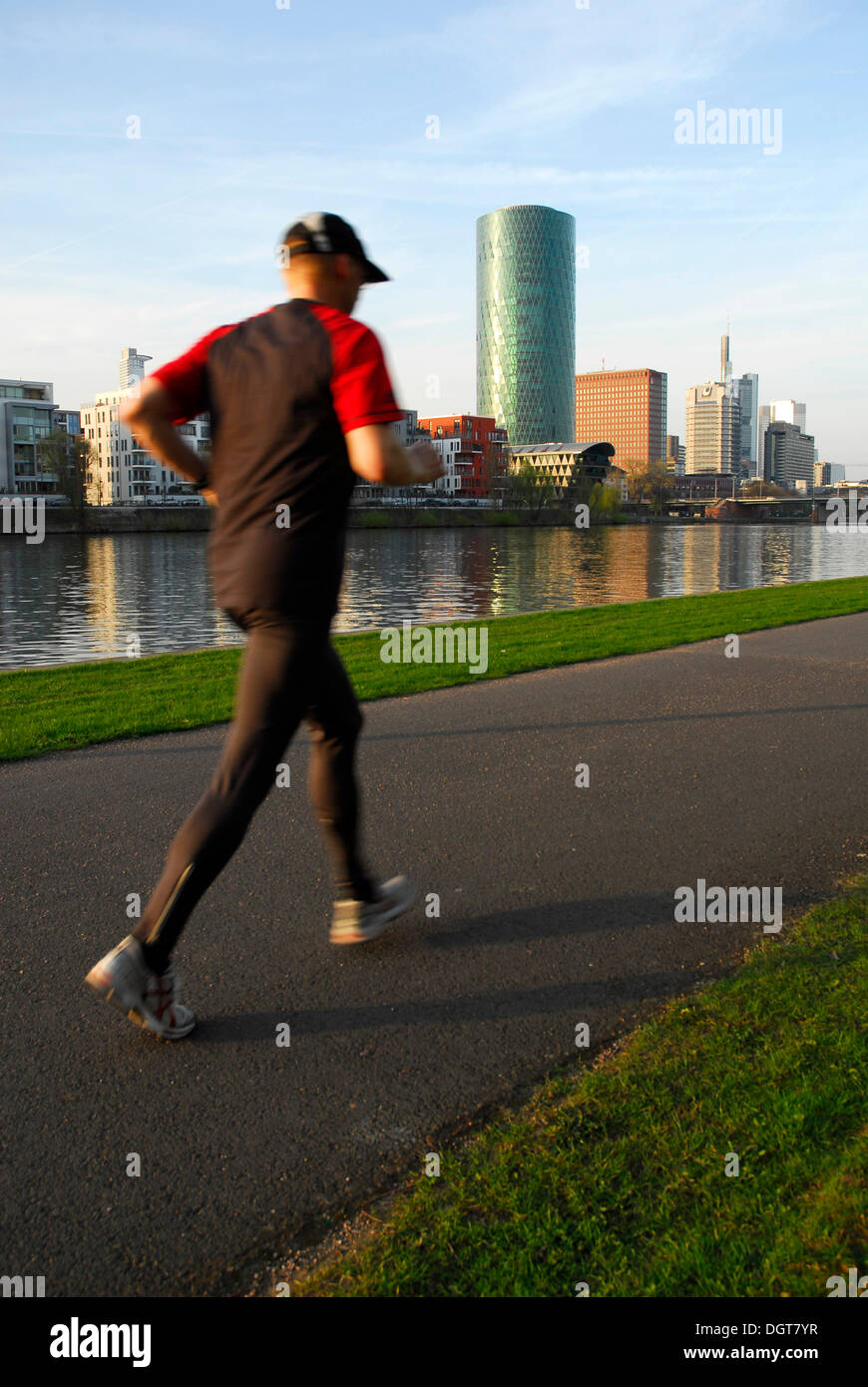 Jogger jogging along the river, Theodor Stern Kai, Westhafen Tower in ...