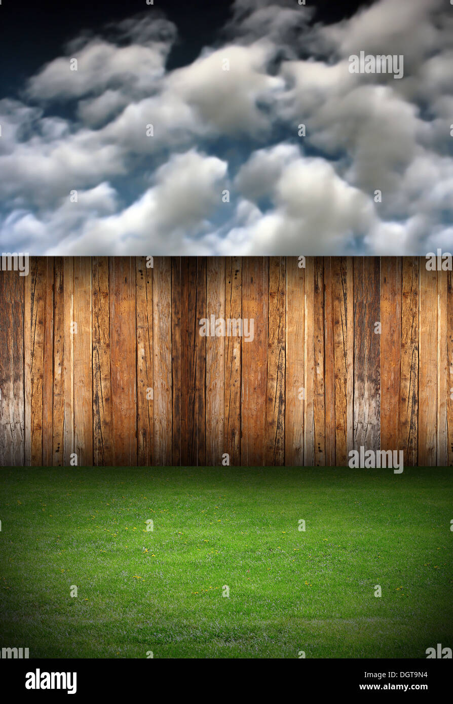beautiful natural backdrop resembling home garden, with fence and green ...