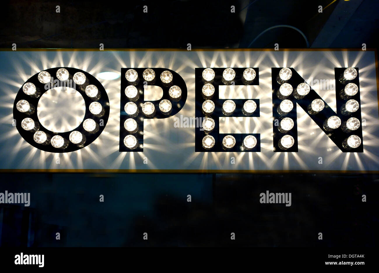 Open sign in shop window, London Stock Photo - Alamy