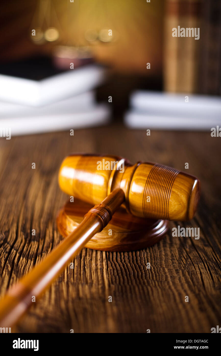 Judges wooden gavel, law scale and law books Stock Photo - Alamy