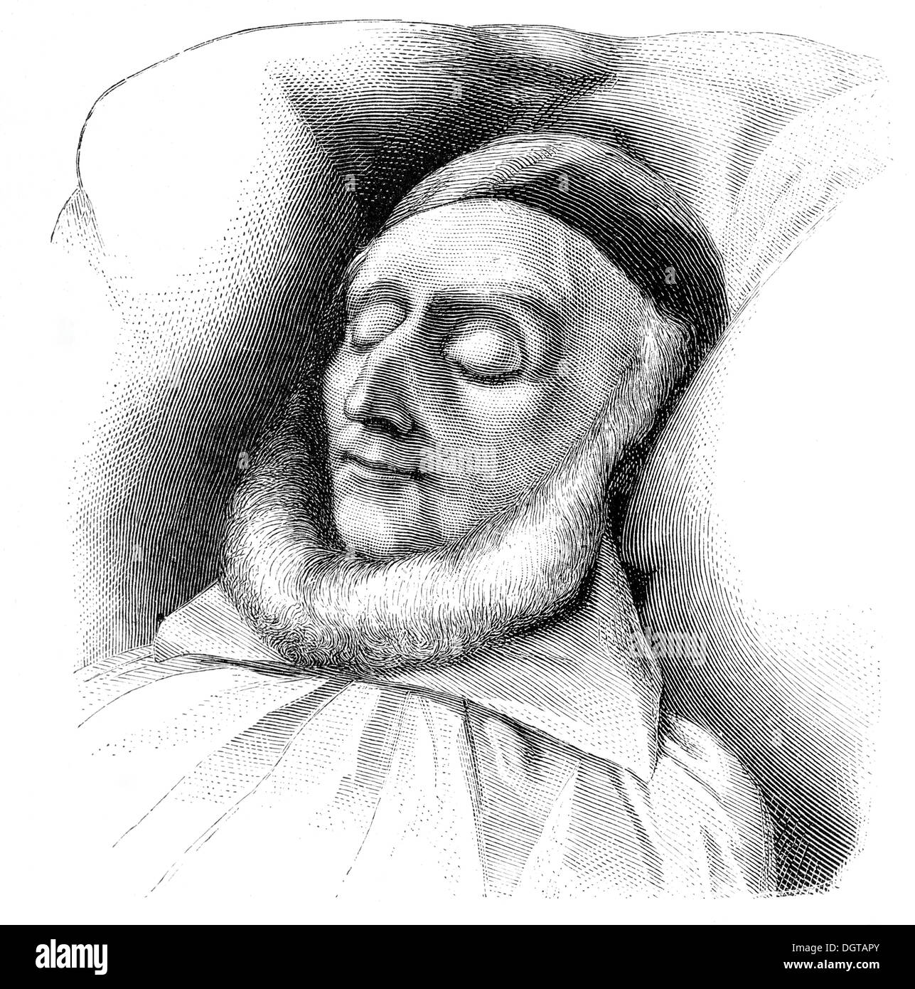August Wilhelm von Schlegel in death, historic illustration from ...