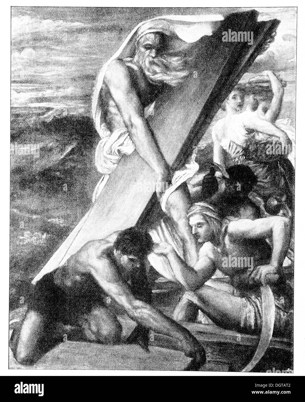 The building of the ark, historic illustration from the year book of ...