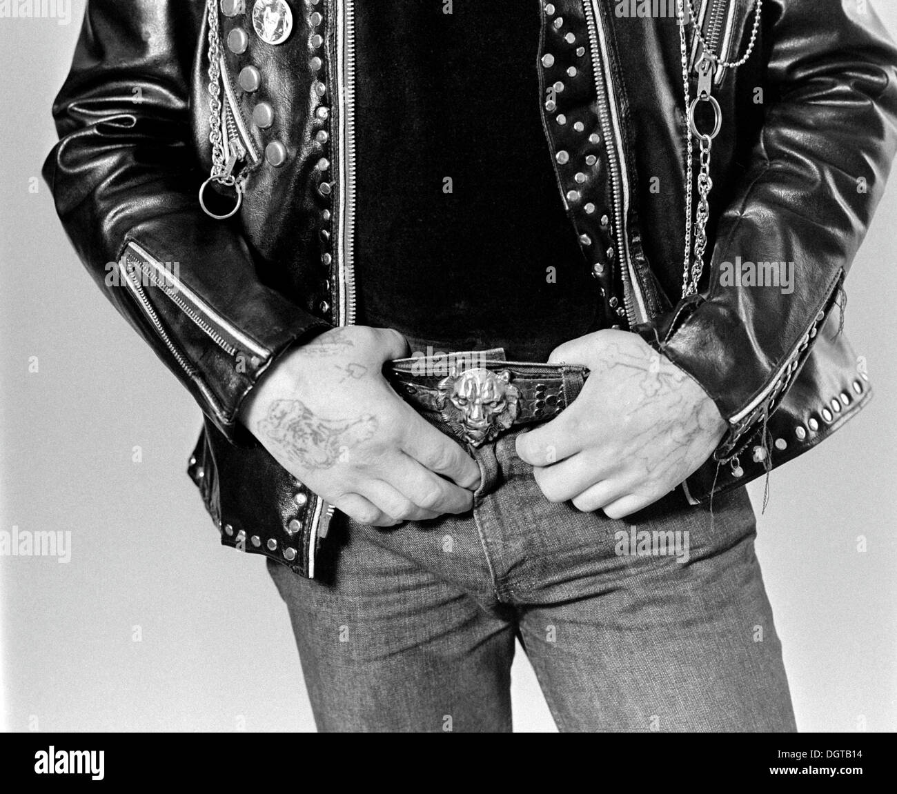 Biker with a tattoo wearing a leather jacket, about 1985, Leipzig, GDR ...