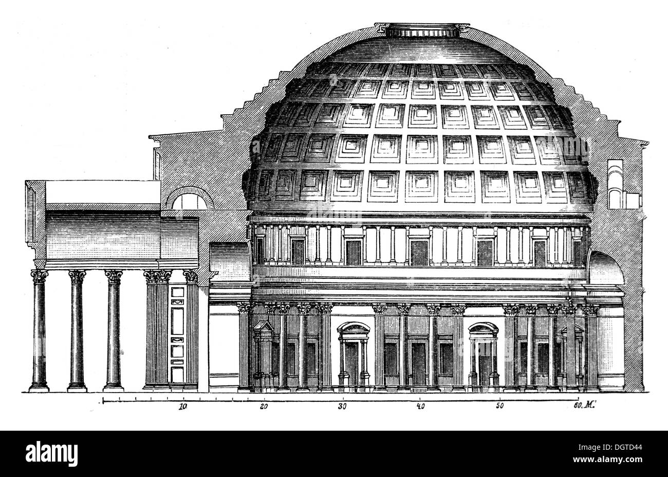 Longitudinal section of the Pantheon in Rome, illustration, Meyers ...