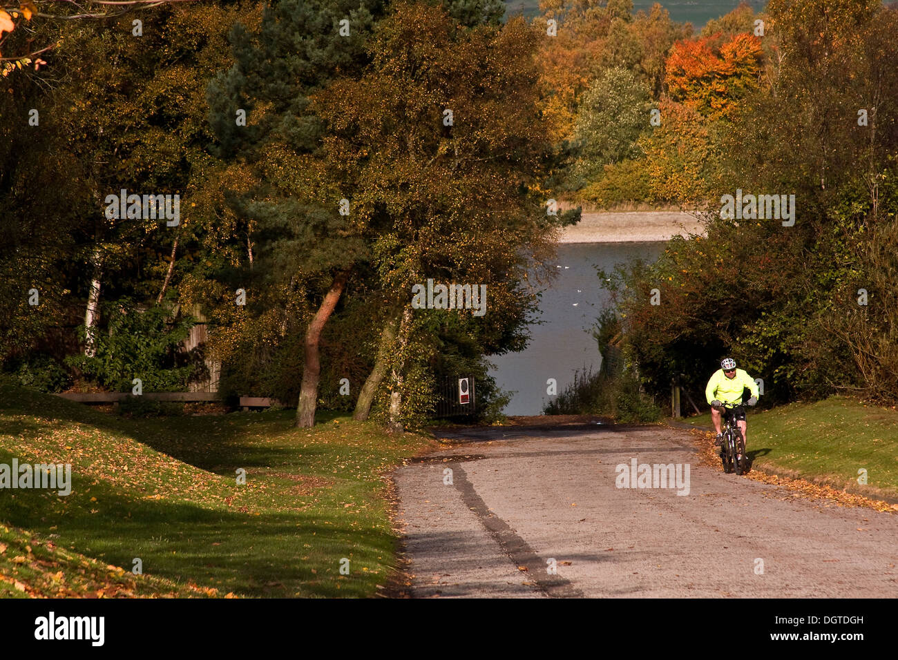Man wearing a yellow Fluorescent jacket riding his bicycle inside ...