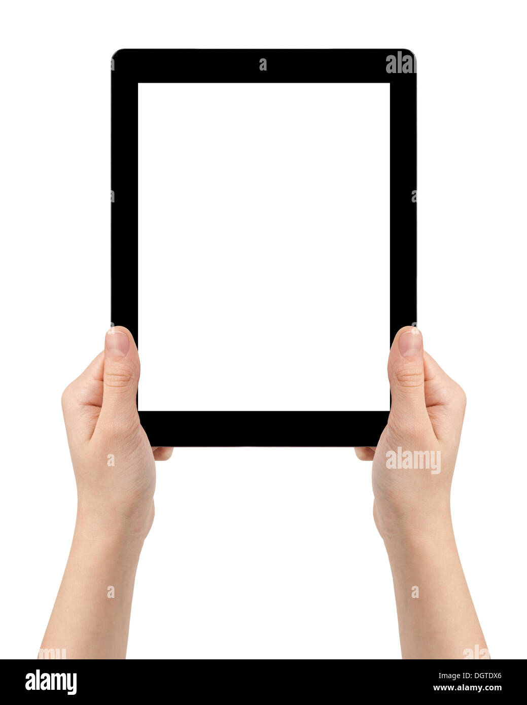 female teen hands using tablet pc with white screen, isolated Stock ...