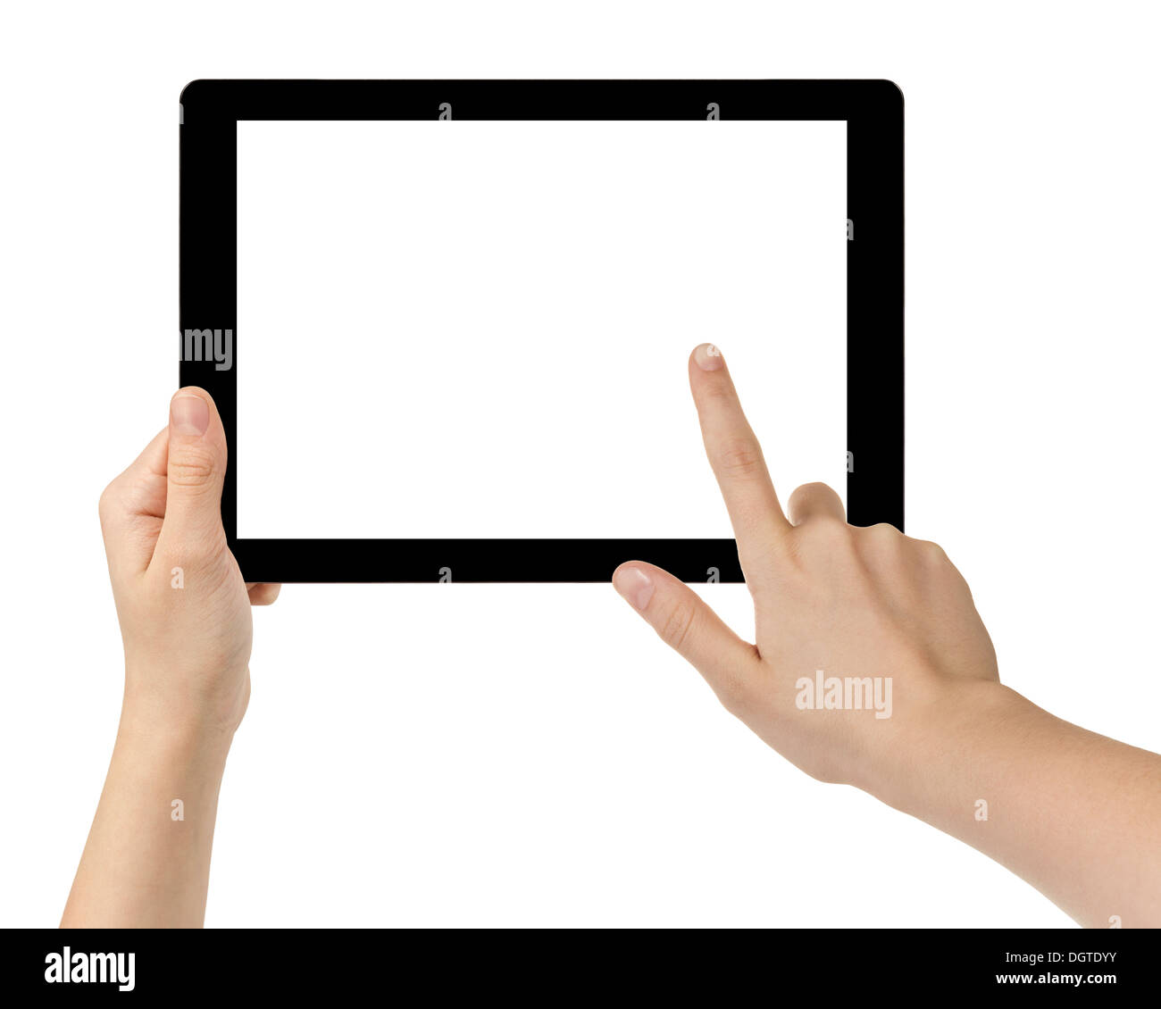 female teen hands using tablet pc with white screen, isolated Stock ...