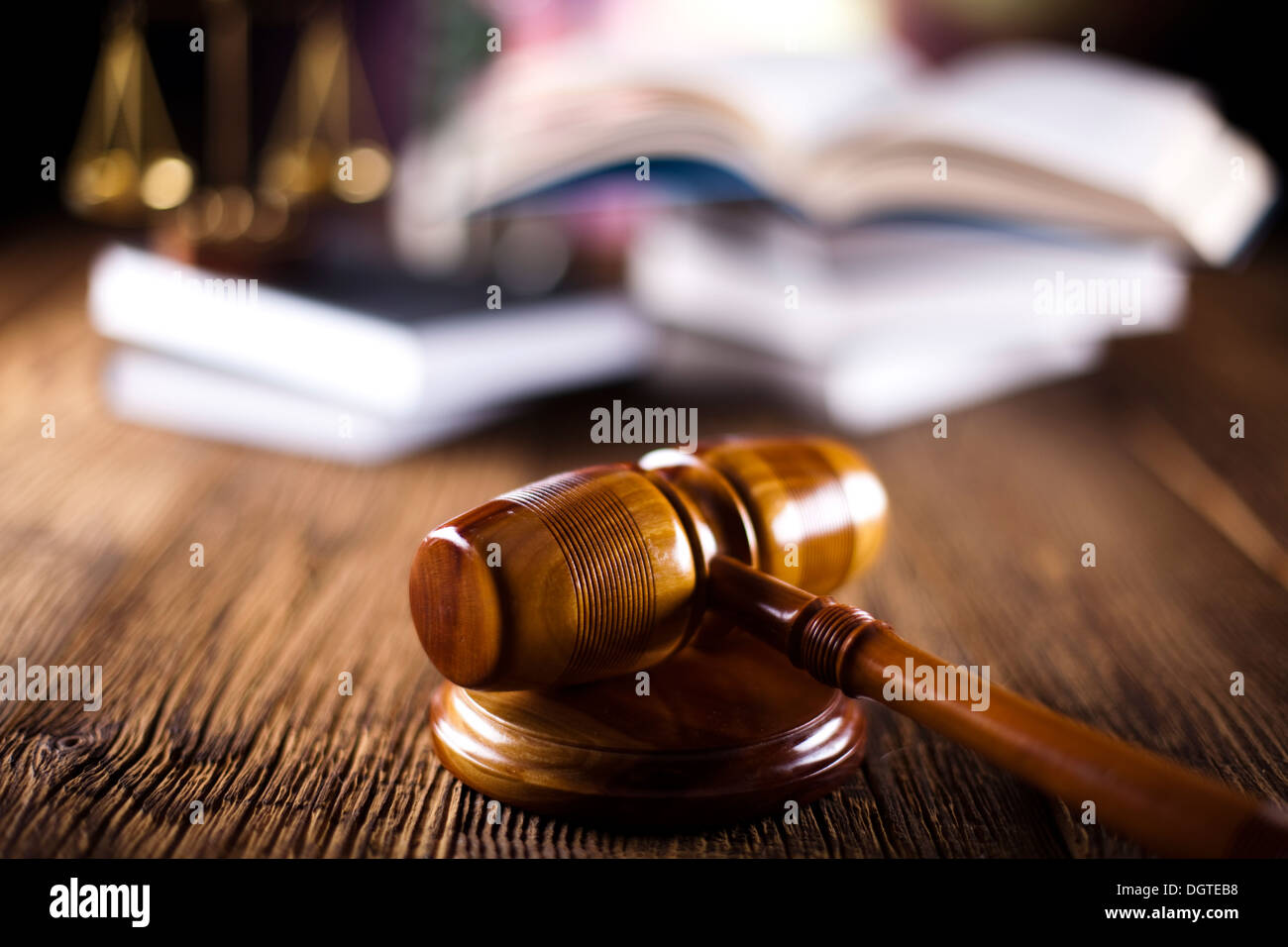 Wooden gavel barrister, justice scale and legal code Stock Photo - Alamy