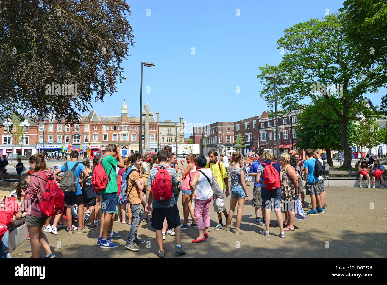 Group of French school students in The Strand, Exmouth, Devon, England ...