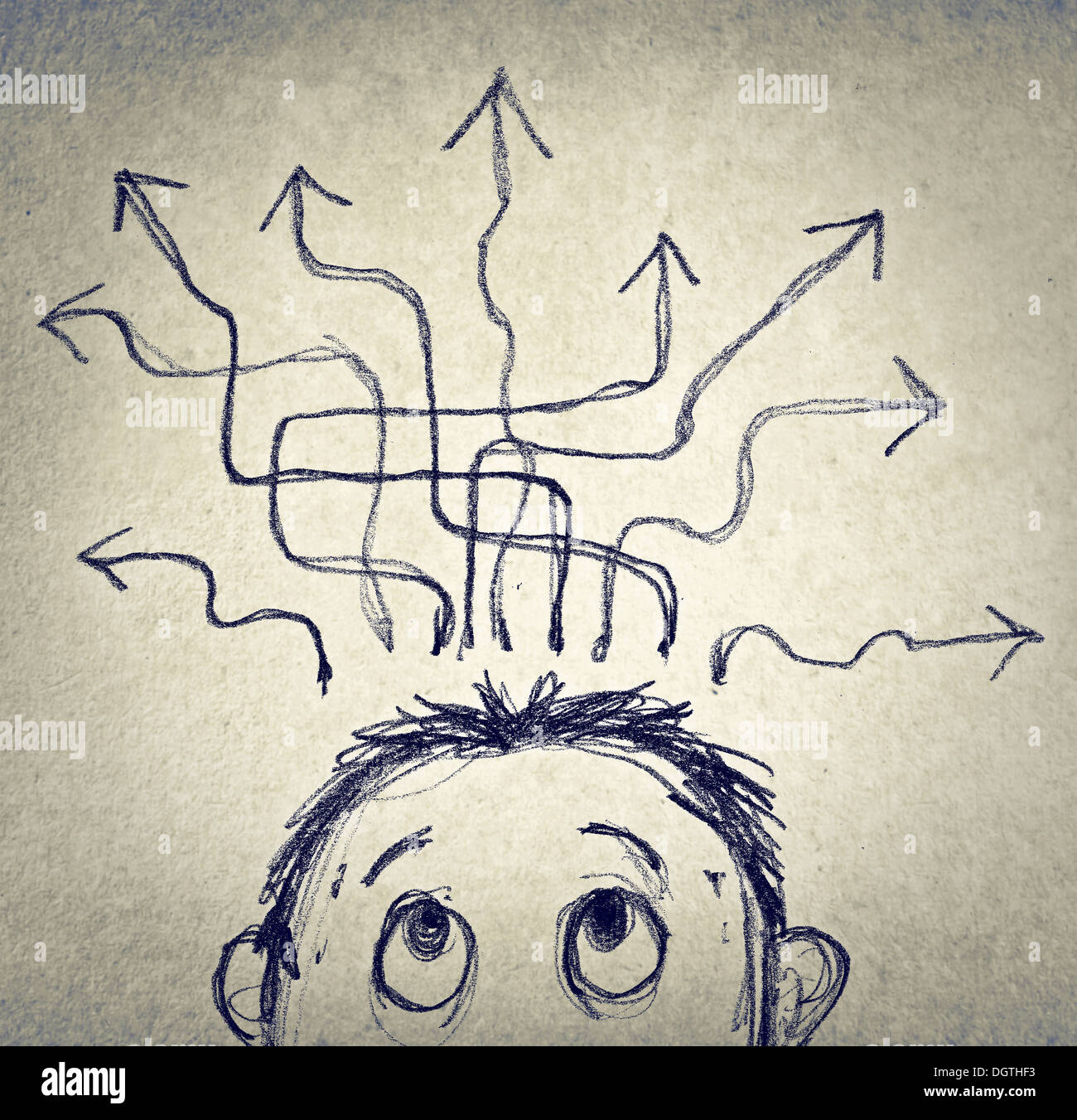 Illustration of a man with many arrows over his head Stock Photo - Alamy