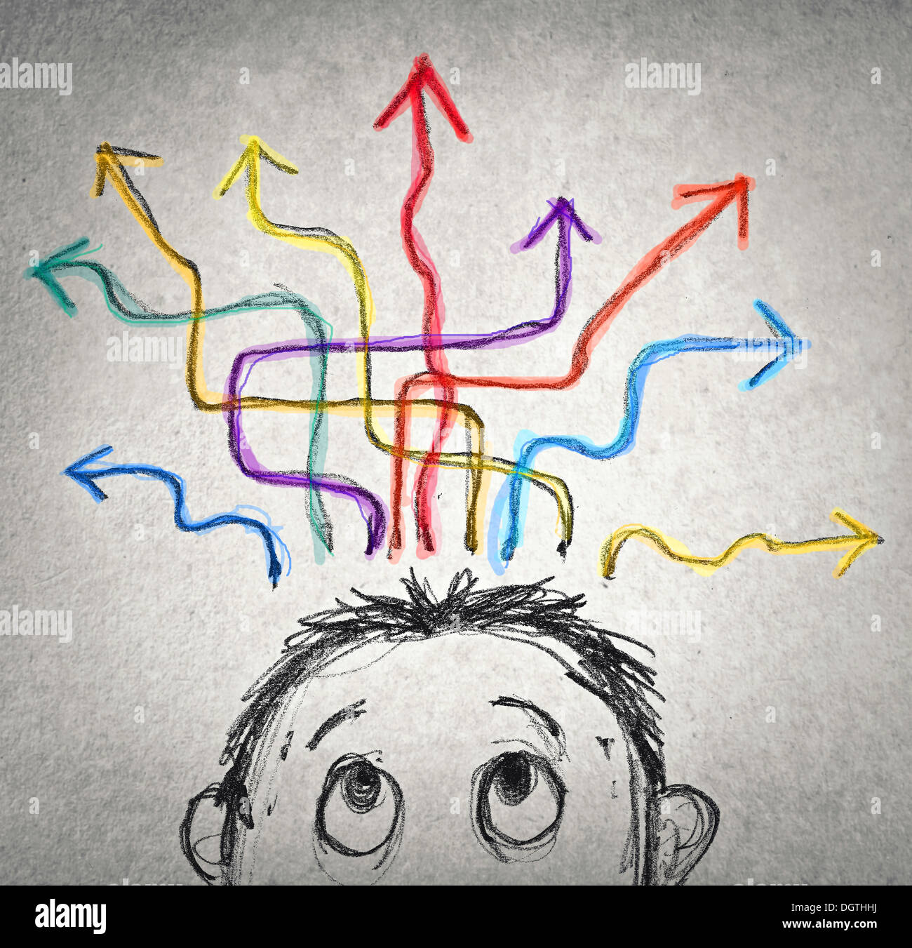 Illustration of a man with many colored directions over his head Stock ...