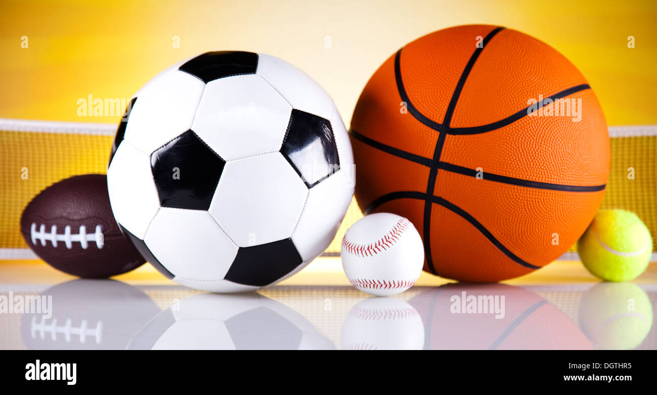 Four Sports, a lot of balls and stuff Stock Photo - Alamy