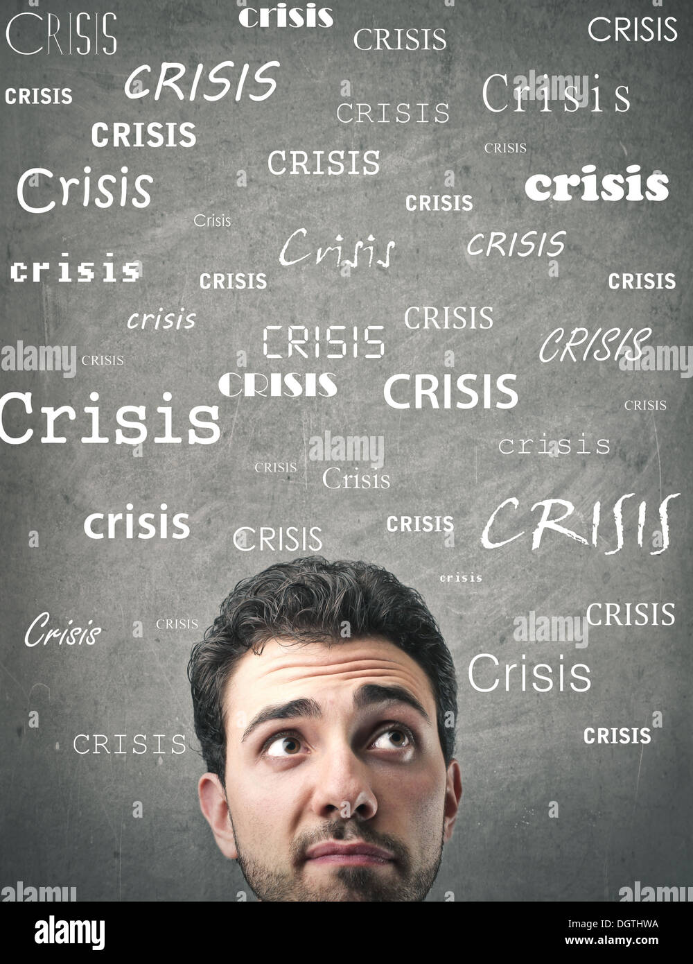 Face of a man under a blackboard on which is written many times the ...