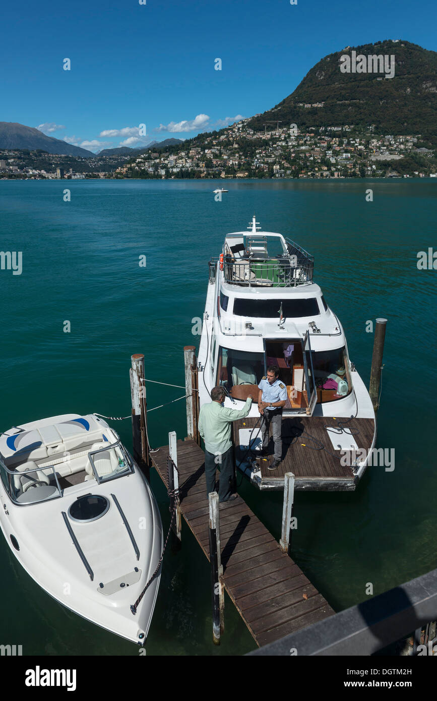 Water ferry docked at Caprino, Lake Lugano, †icino, Switzerland Stock ...
