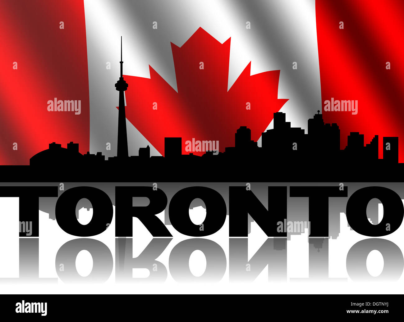 Toronto skyline and text reflected with rippled Canadian flag ...