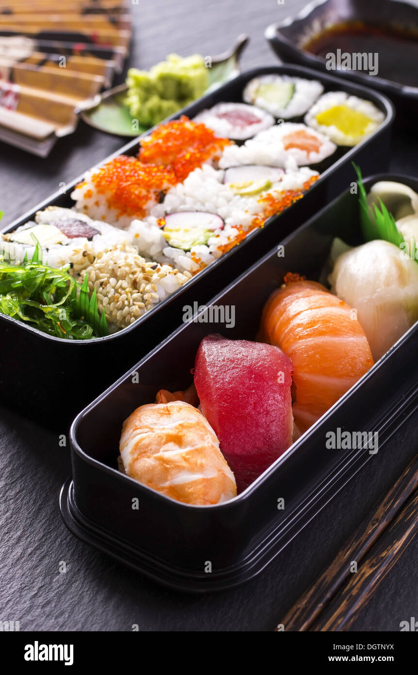 bento box with sushi and rolls Stock Photo - Alamy