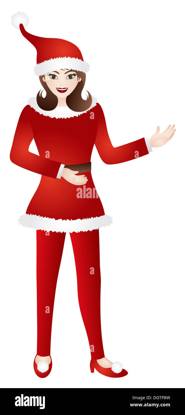 Female in Red Santa Suit Standing with Presentation Gesture Pose ...