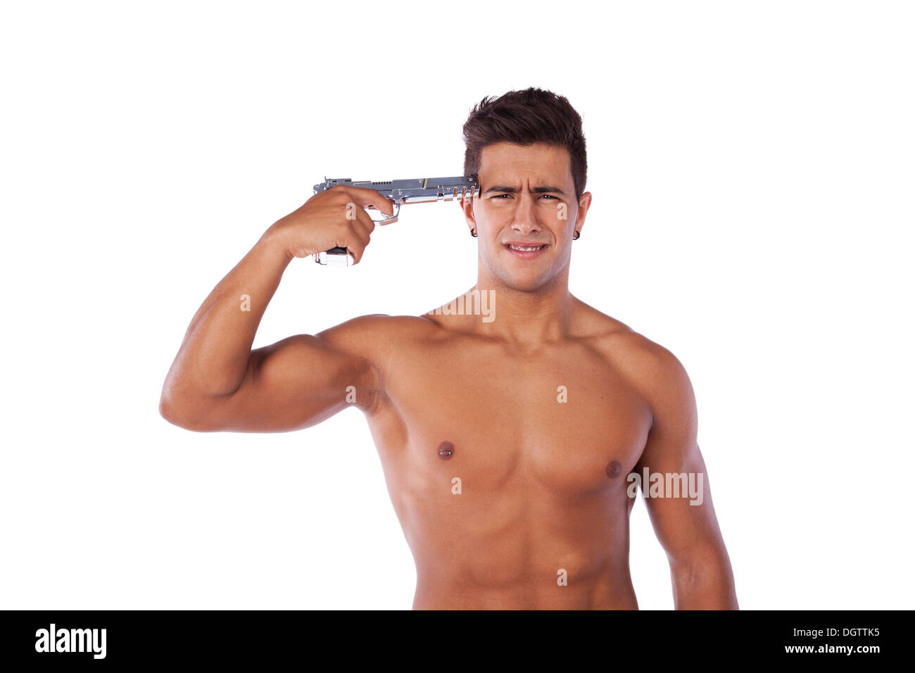 Stressed young man with a gun pointing to his head (isolated on white ...