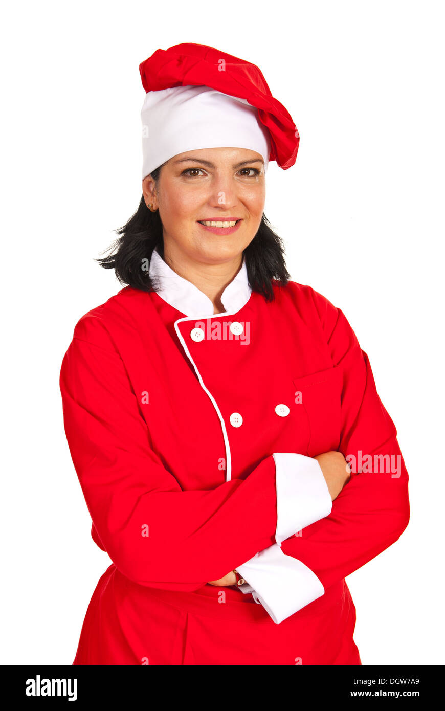 Confident happy chef woman standing with arms folded isolated on white ...