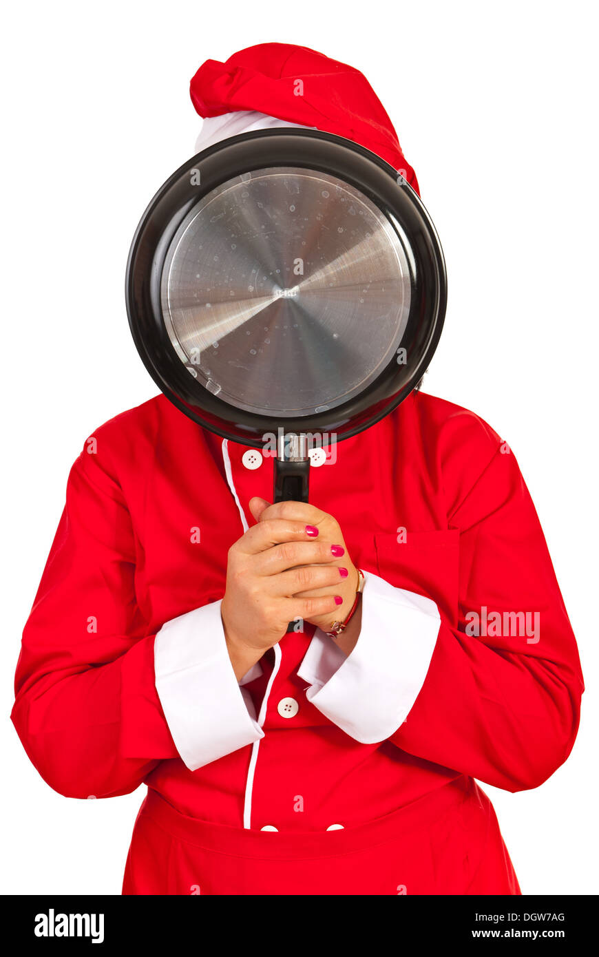 Woman chef covering her face with frying pan isolated on white ...