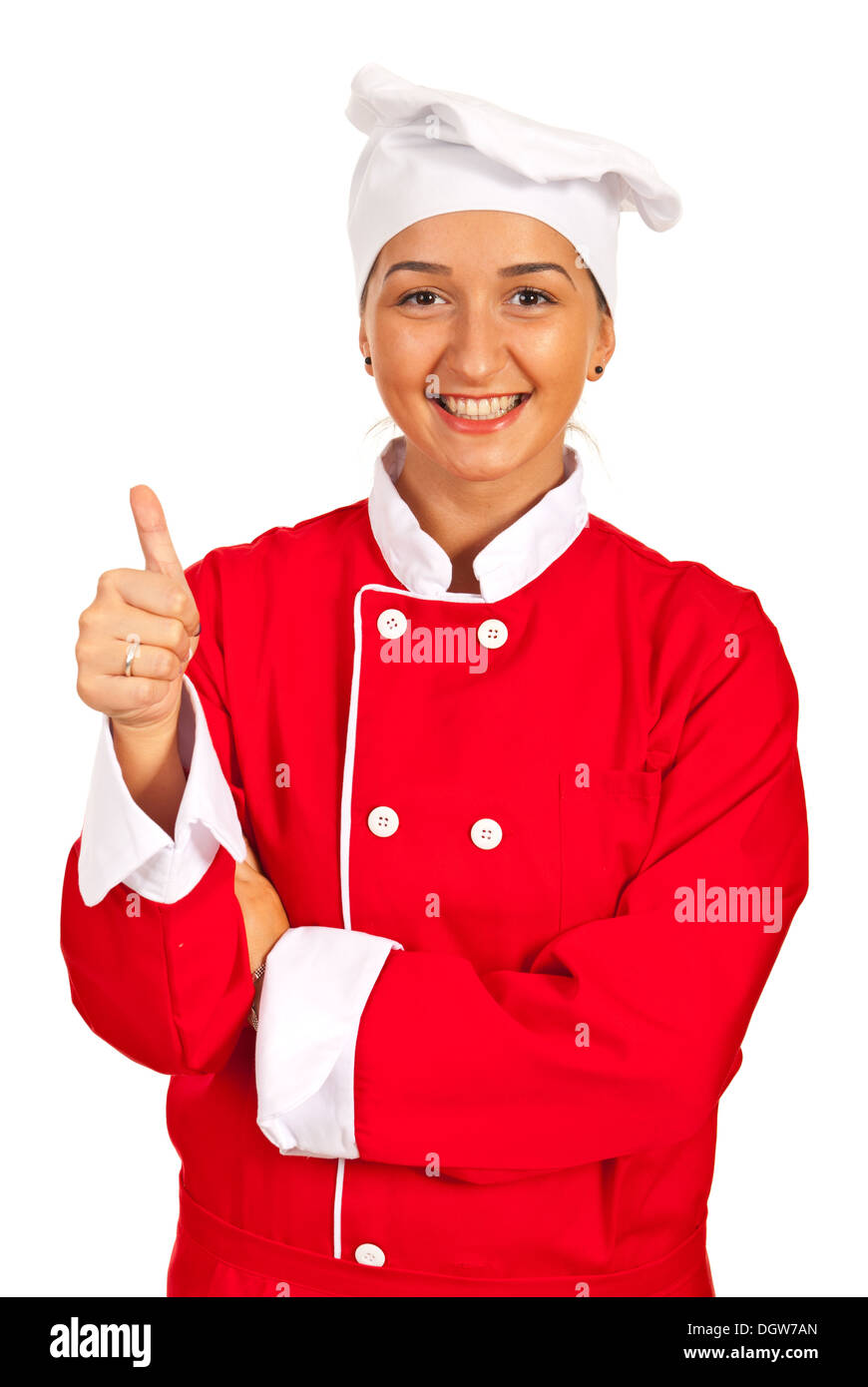 Successful chef woman giving thumb up isolated on white background ...