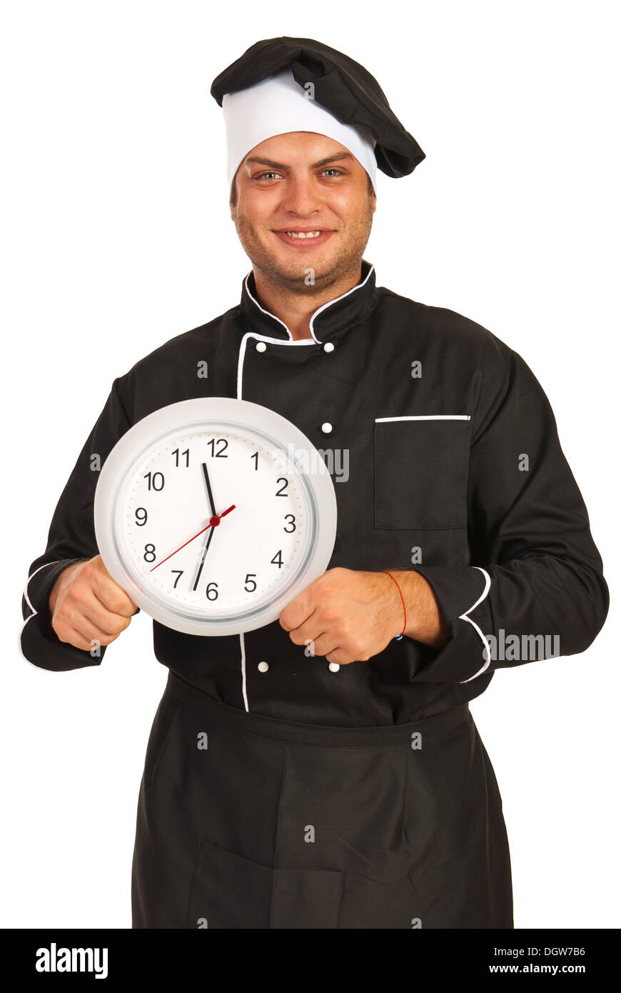 Chef male holding big clock isolated on white background Stock Photo ...