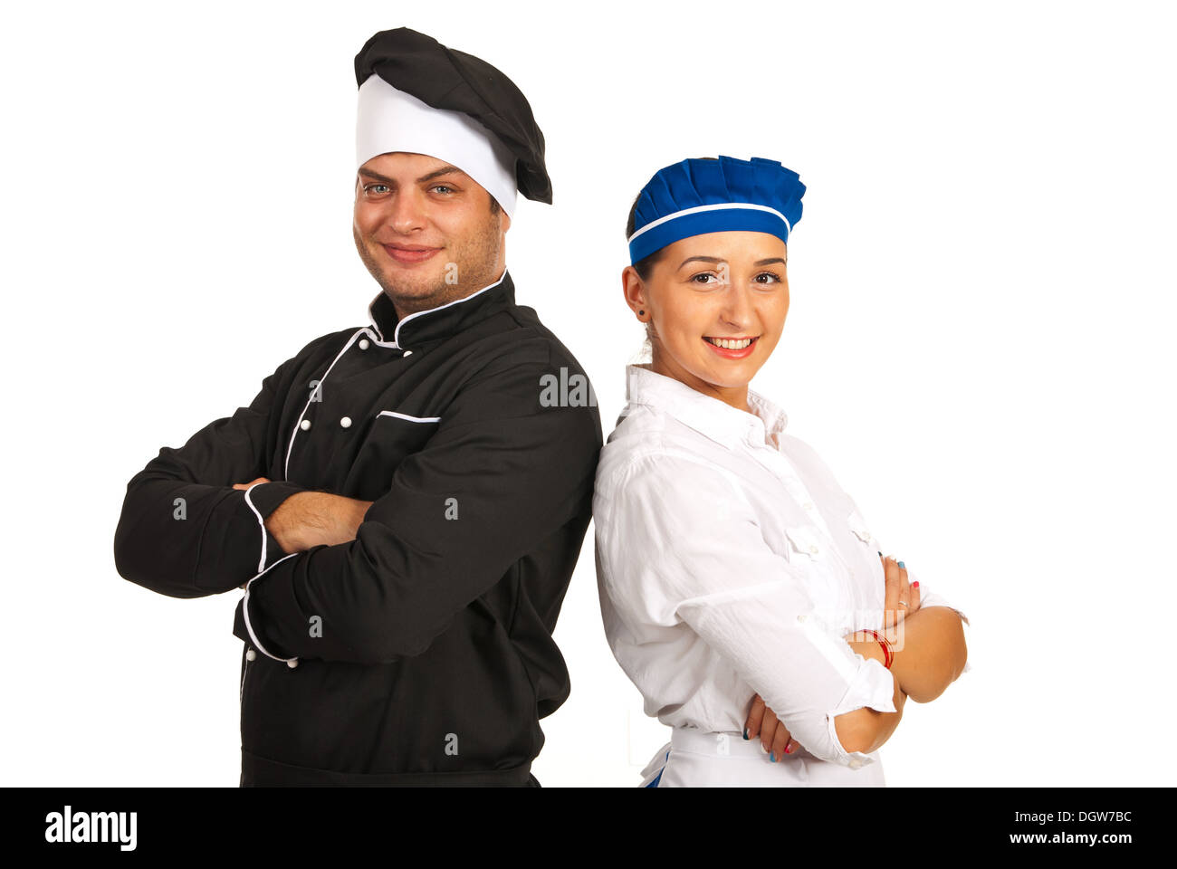 Happy chef male and waitress standing back to back with hands crossed ...
