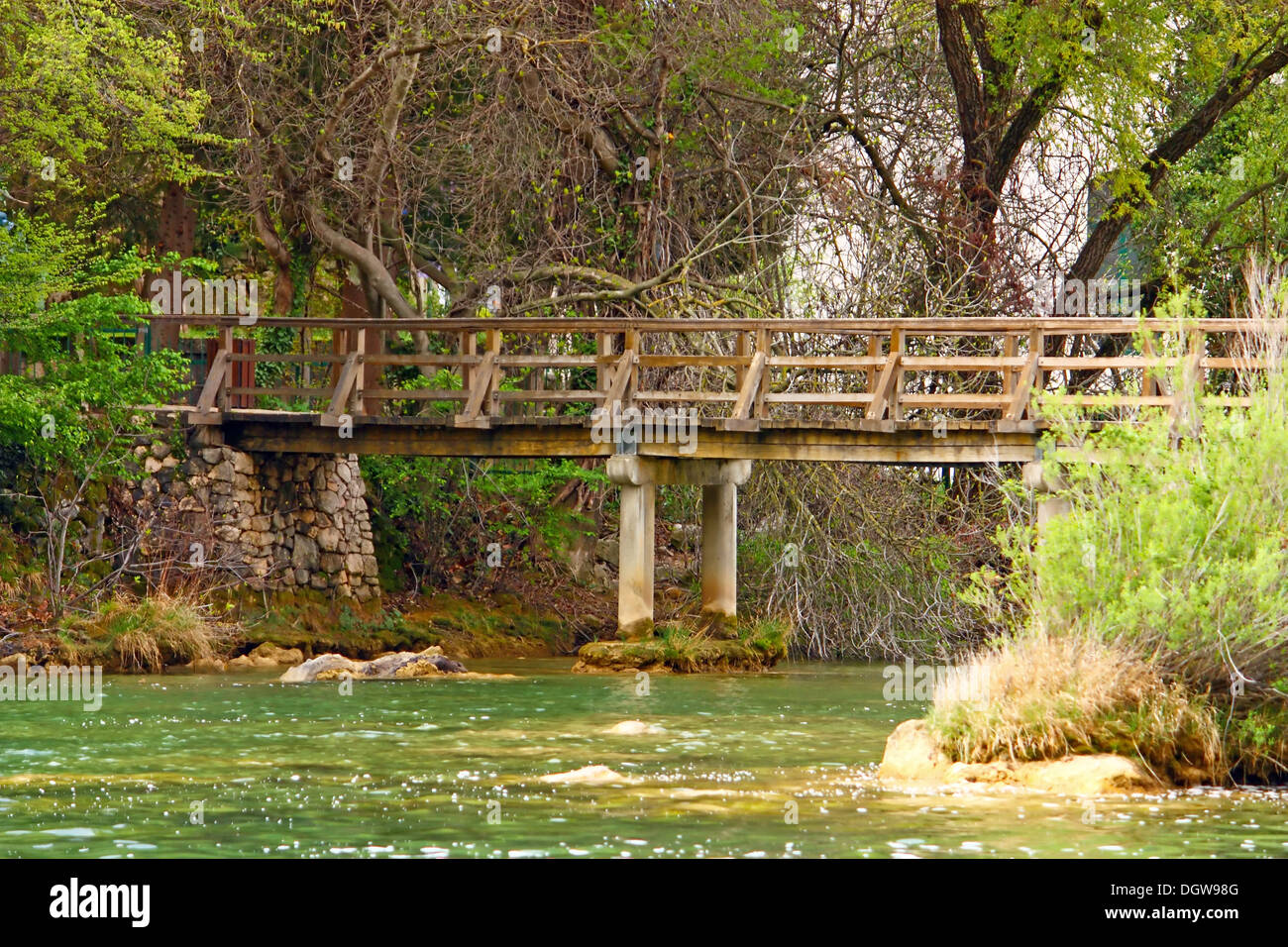 Wooden bridge over the river in the forest Stock Photo - Alamy
