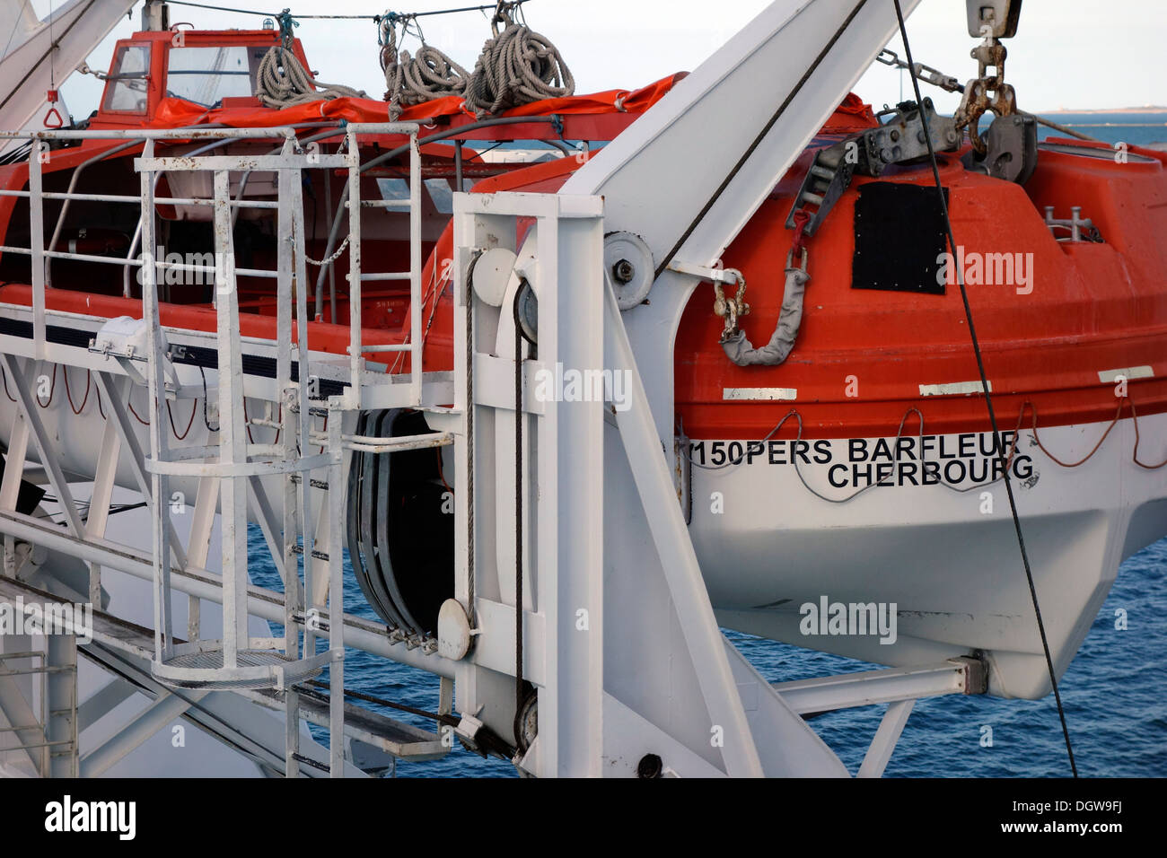 Detail of liferaft and lifeboat mechanism MV Barfleur Stock Photo - Alamy