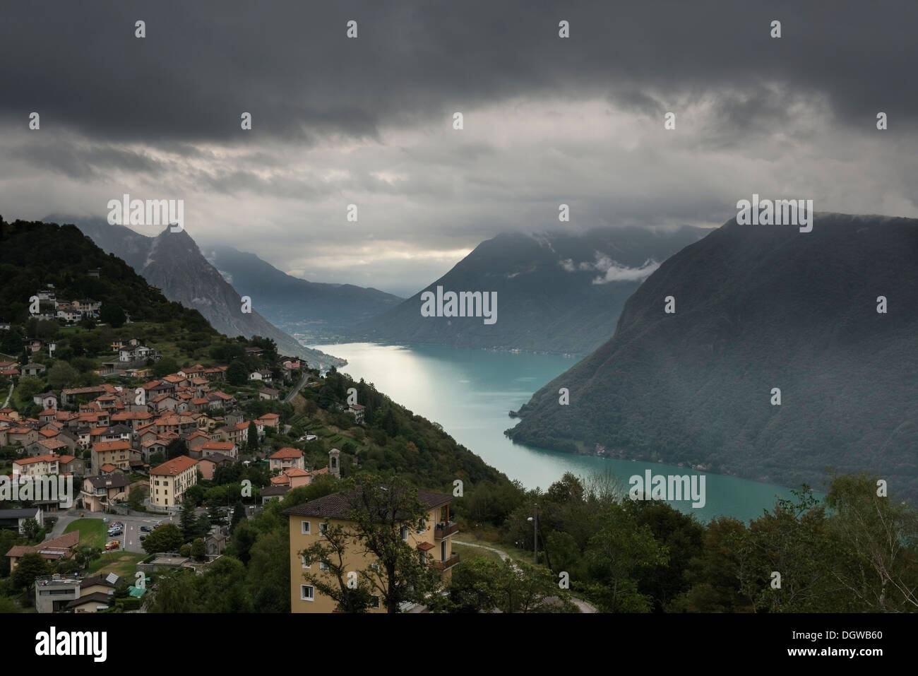 Bré VIllage viewed from Mount Bre, Gulf of Lugano and the Alps. Canton ...