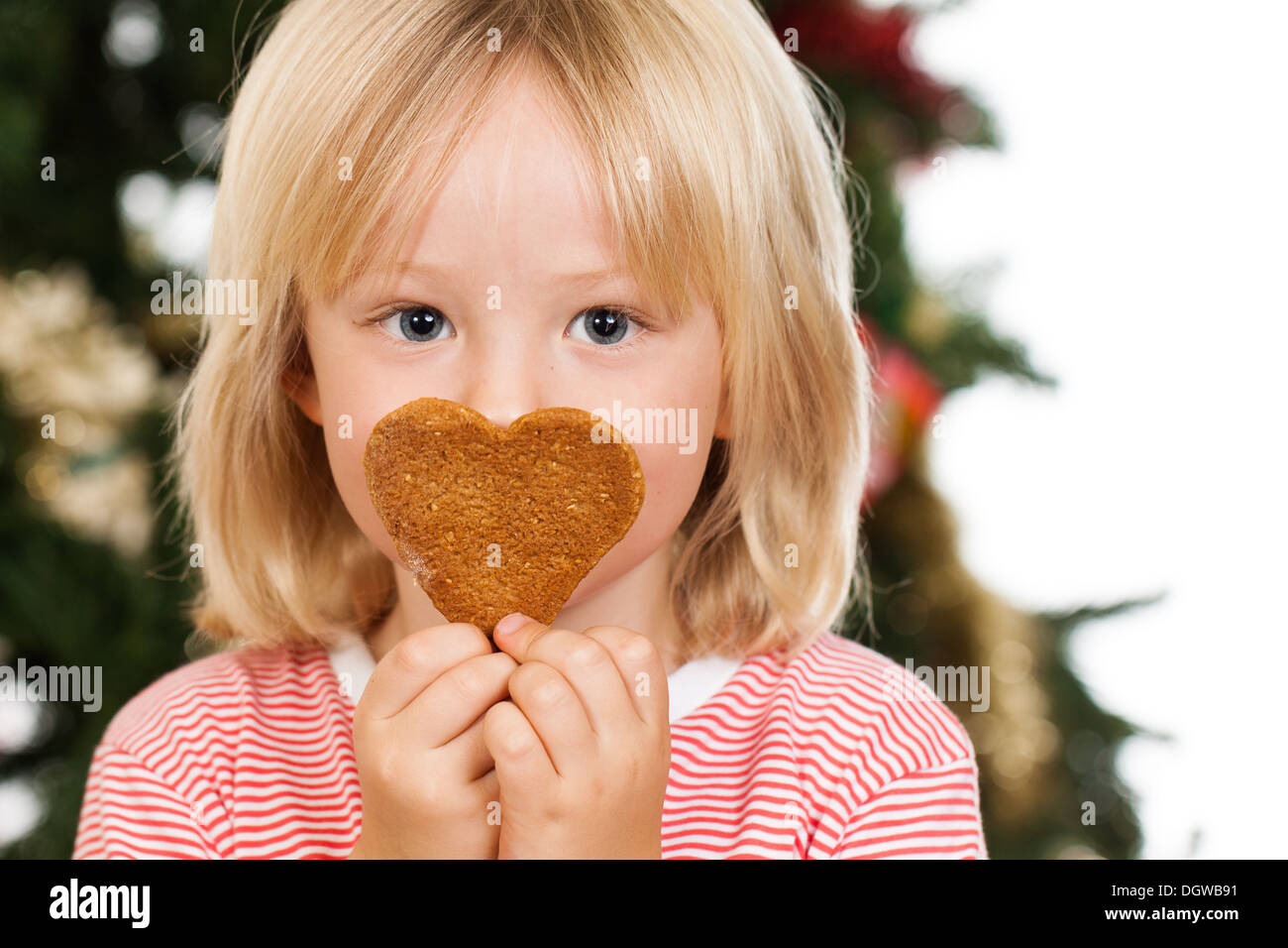 A cute boy smelling a love shaped gingerbread cookie in front of a ...
