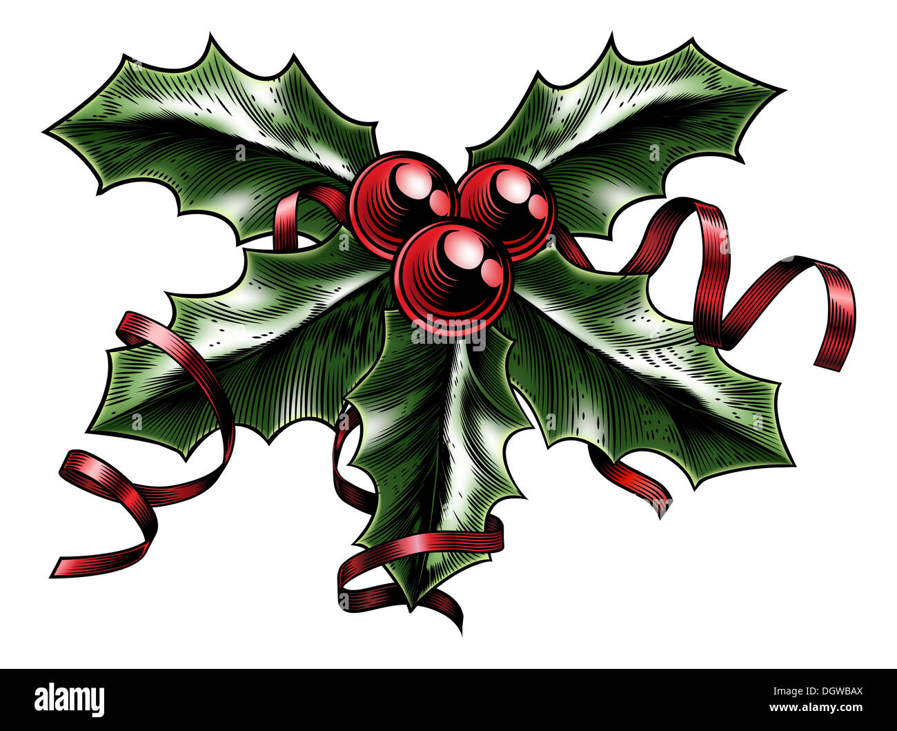 A vintage Christmas holly sprig with ribbon and bow in a woodblock ...