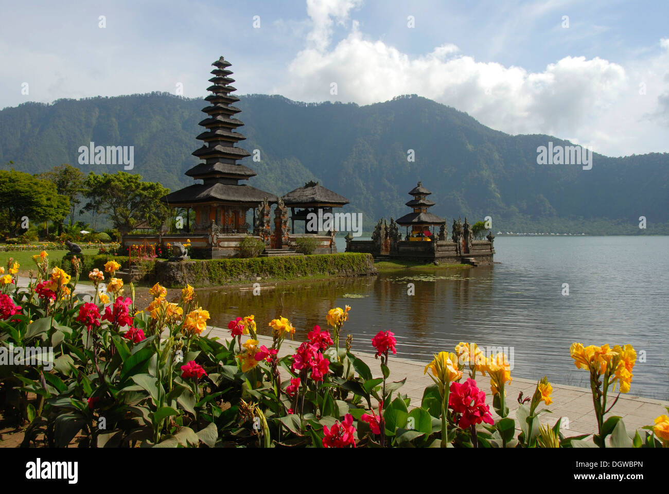 Bali Hinduism, colourful flowers in bloom, Balinese Pagoda, Pura Ulun ...