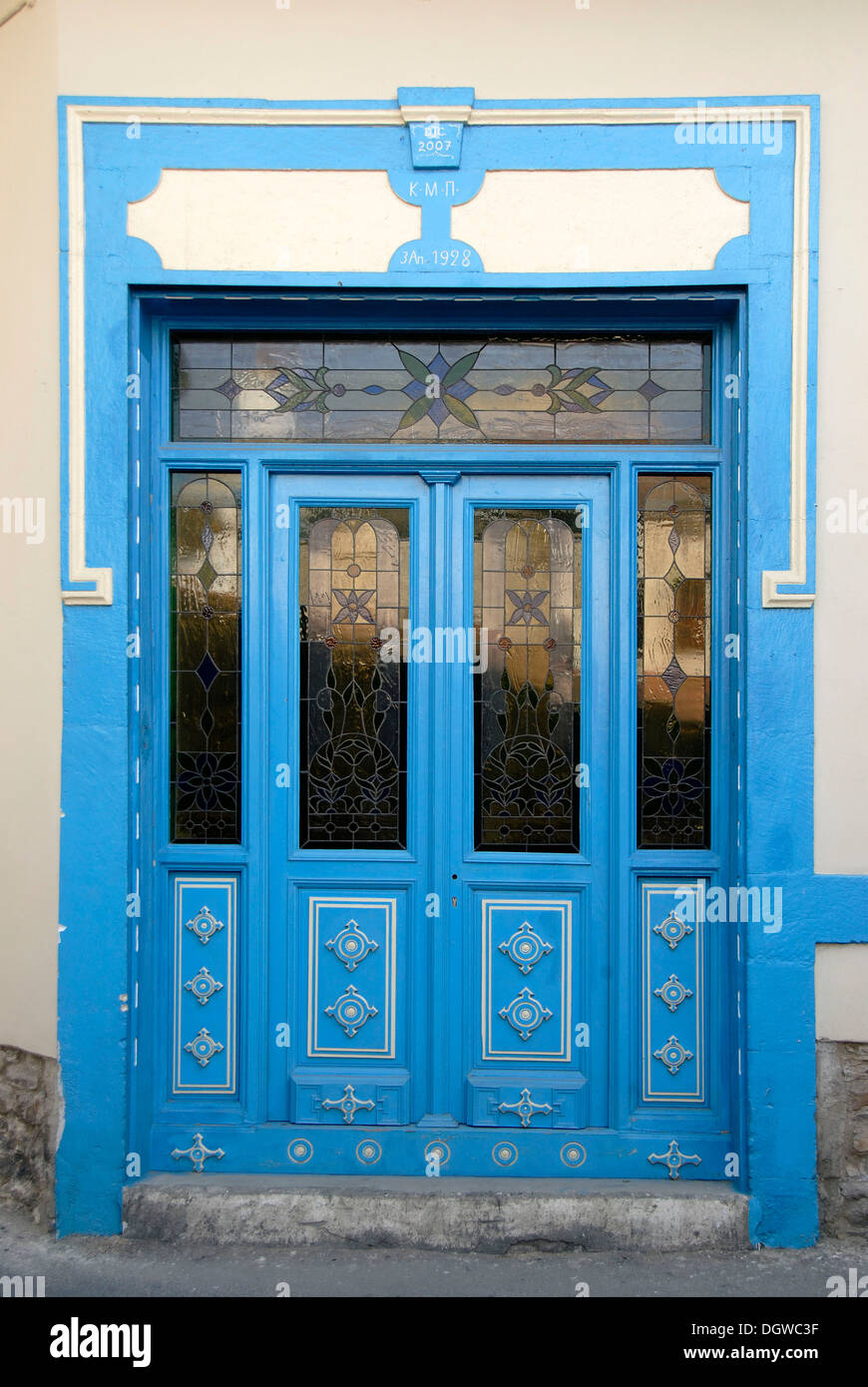 Ornate blue front door with glass, Pano Lefkara, Southern Cyprus ...