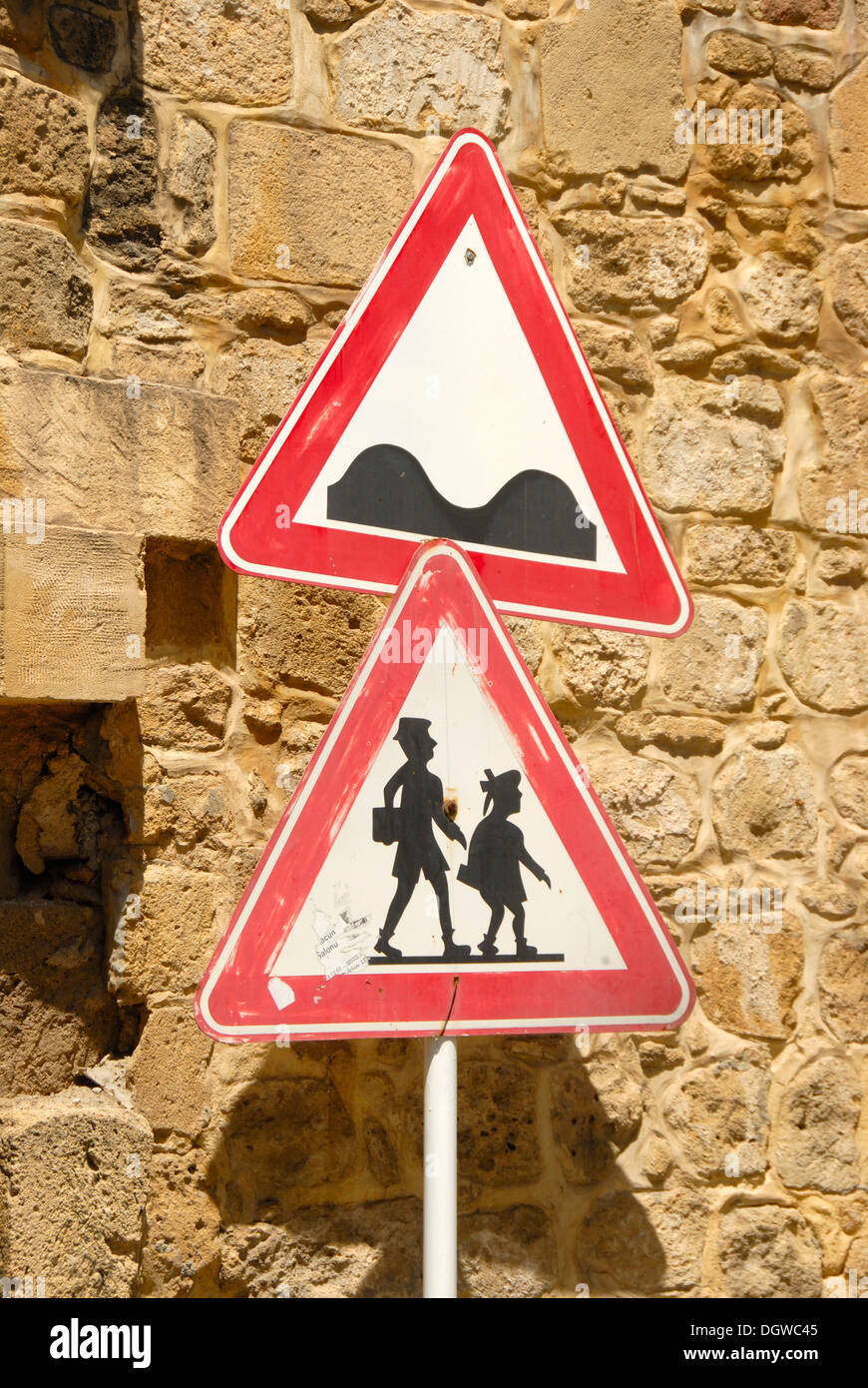 Two traffic signs, caution uneven road, caution pedestrians, Nicosia ...