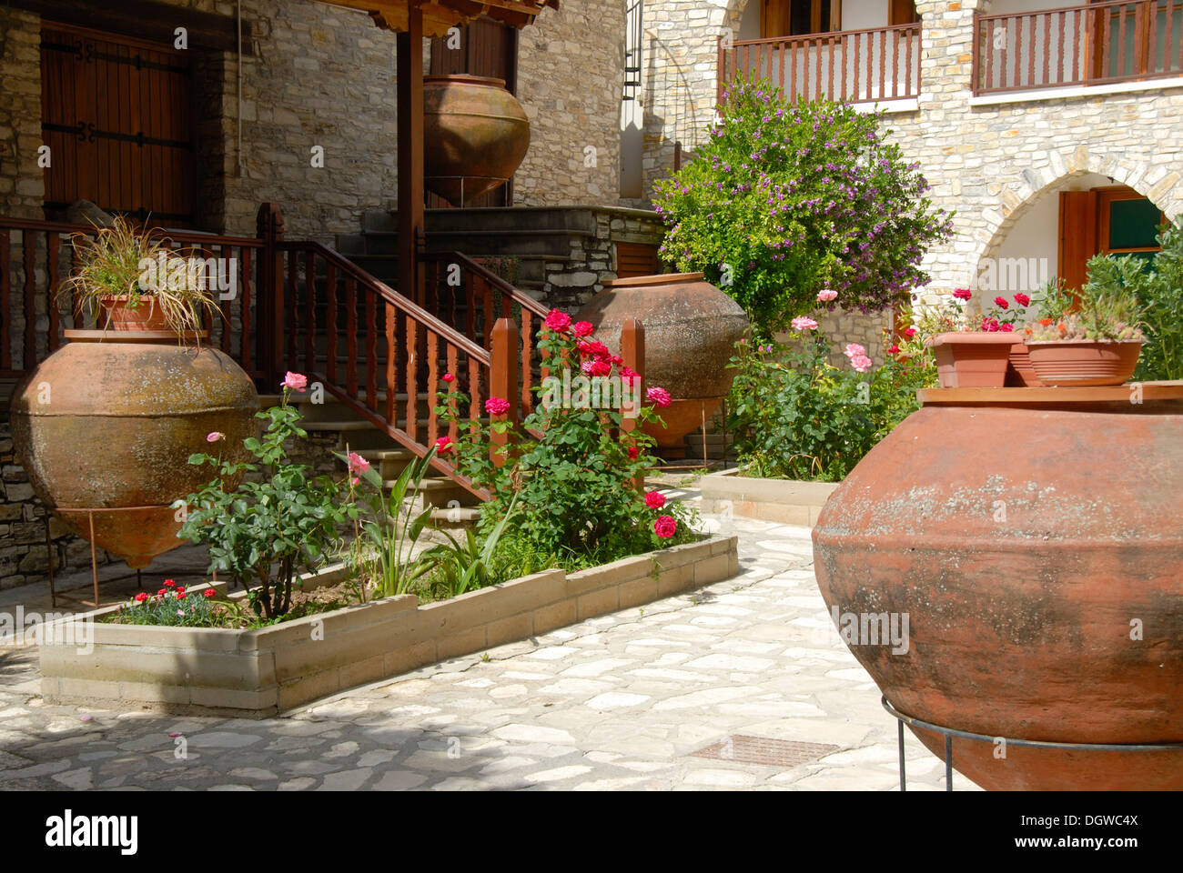 Greek Orthodox Christianity, large clay flower pots inner courtyard ...