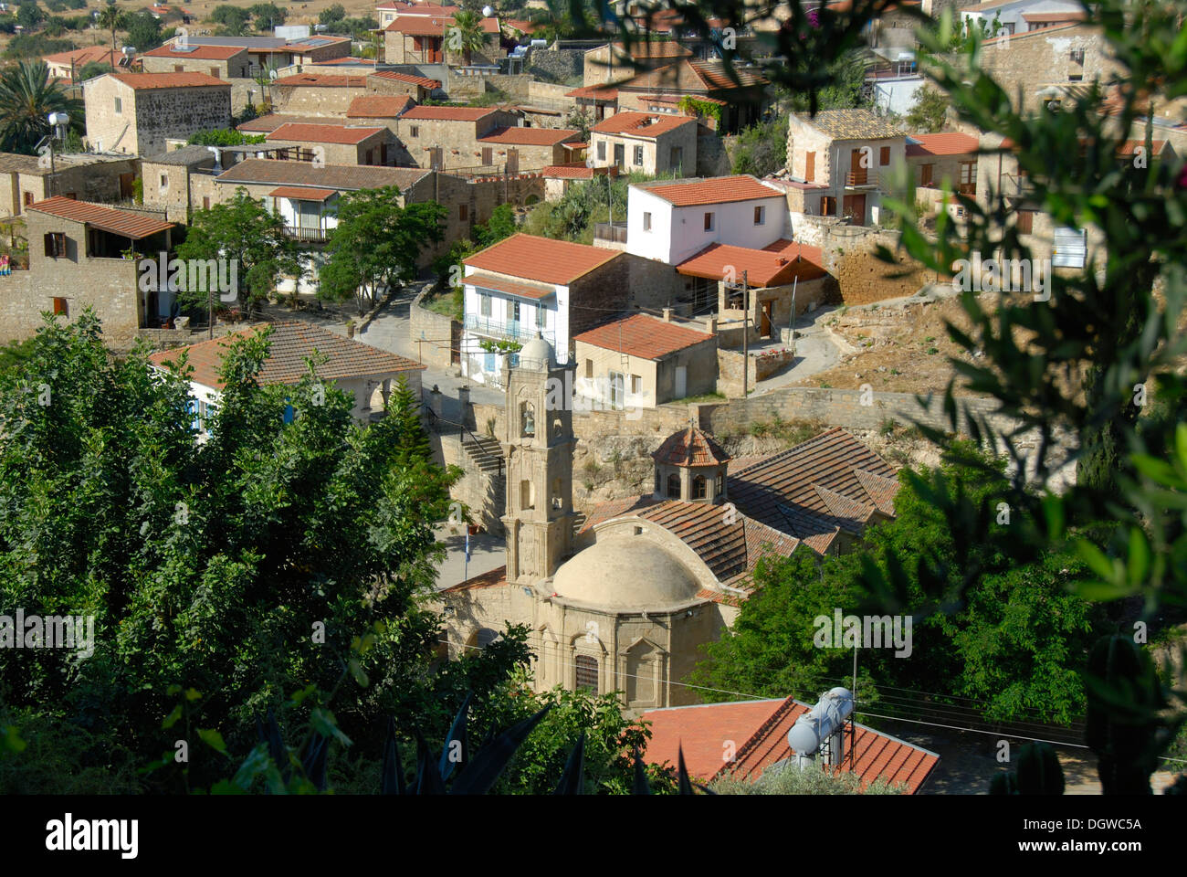 Greek Orthodox church, houses, mountain village Tochni, Southern Cyprus ...