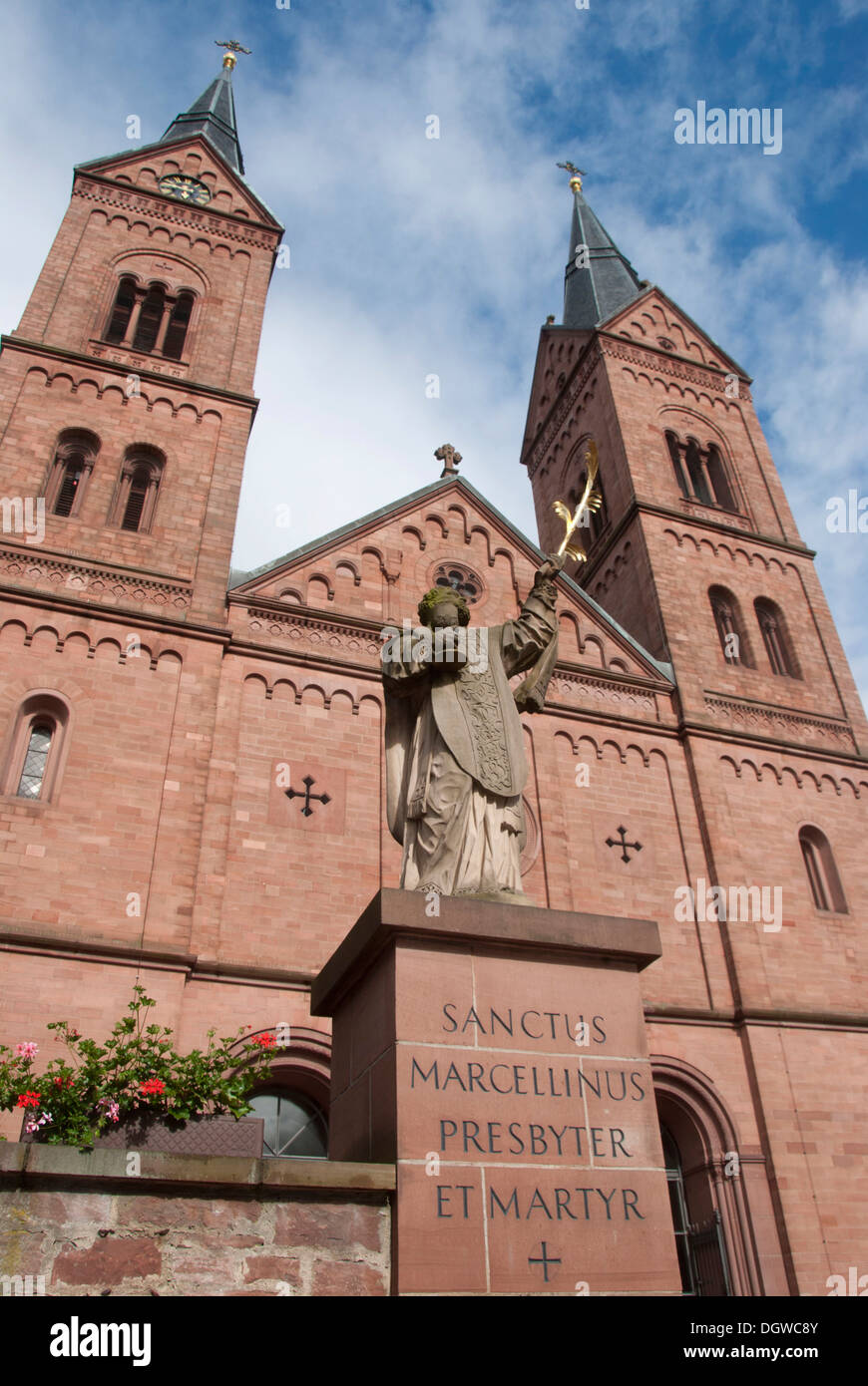 Statue of St. Marcellinus, Neo-Romanesque west facade, Basilica of St ...