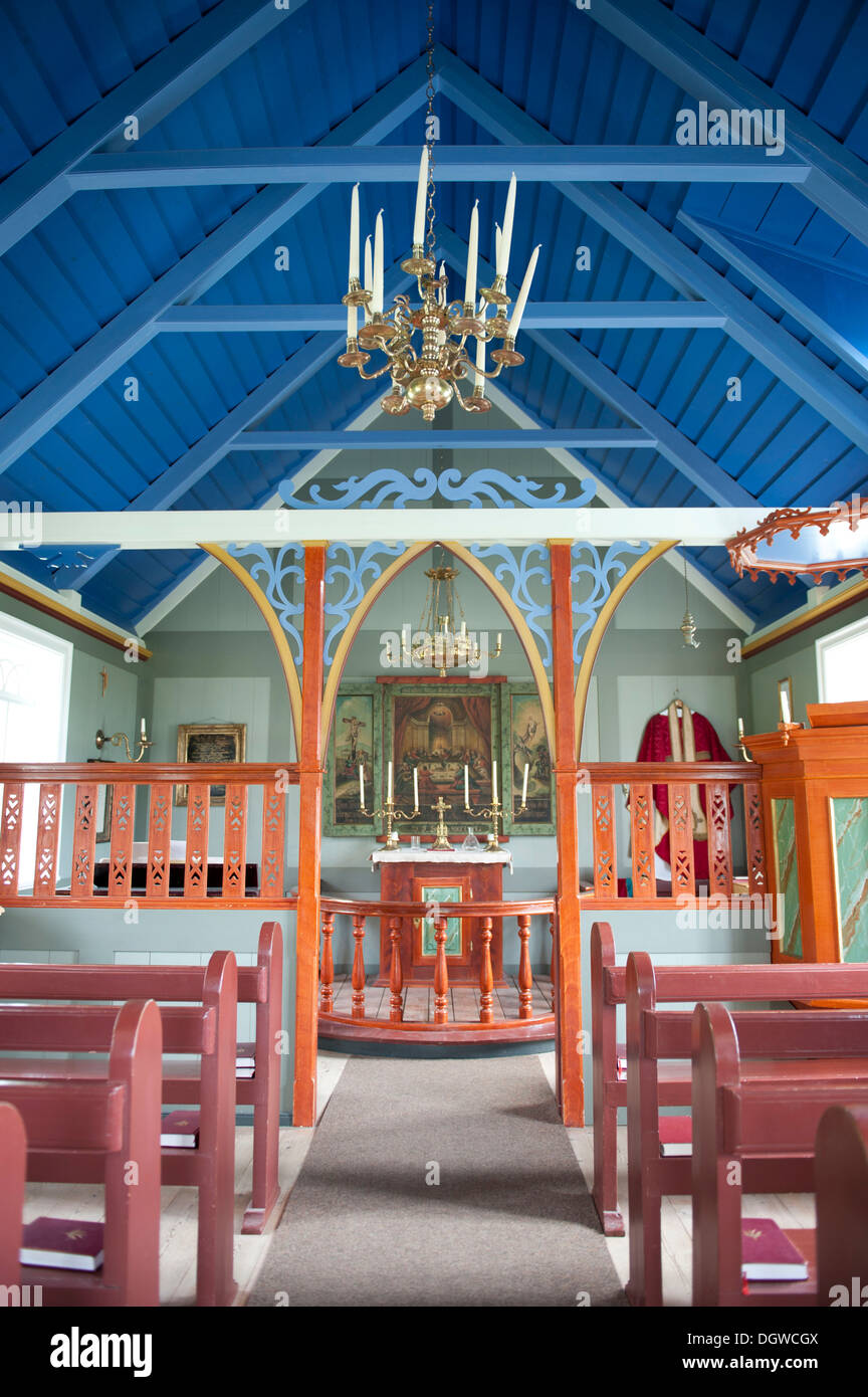 Colourful church interior, altar area, Lutheran church in the open-air ...