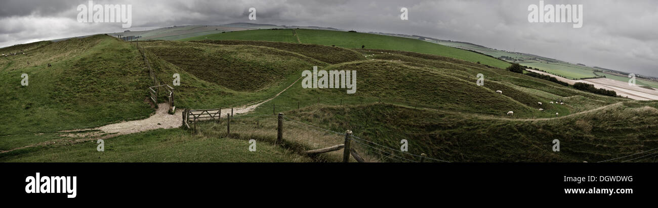 Panorama of Maiden Castle, the largest Iron Age Hill Fort in the UK ...