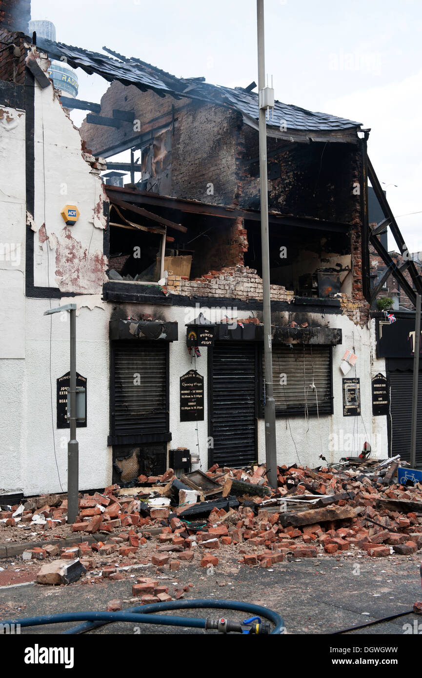 Gas Explosion and fire at Pub Public house walls demolished bricks ...