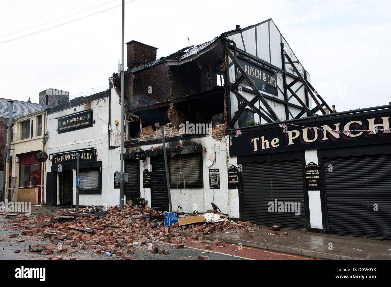 Gas Explosion and fire at Pub Public house walls demolished bricks ...