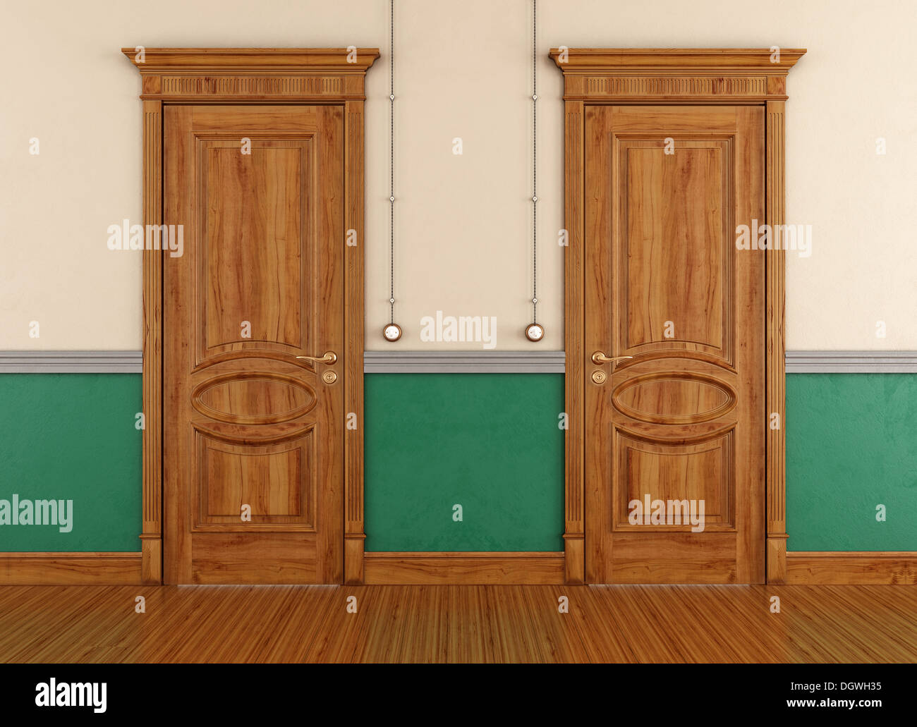 Two wooden doors in a vintage room - rendering Stock Photo - Alamy