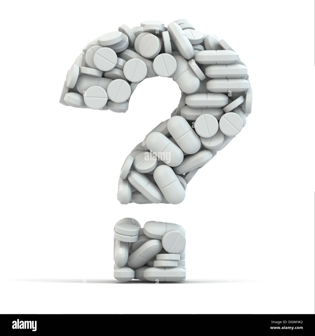 Pills as question on white isolated background. Medical concept. 3d ...
