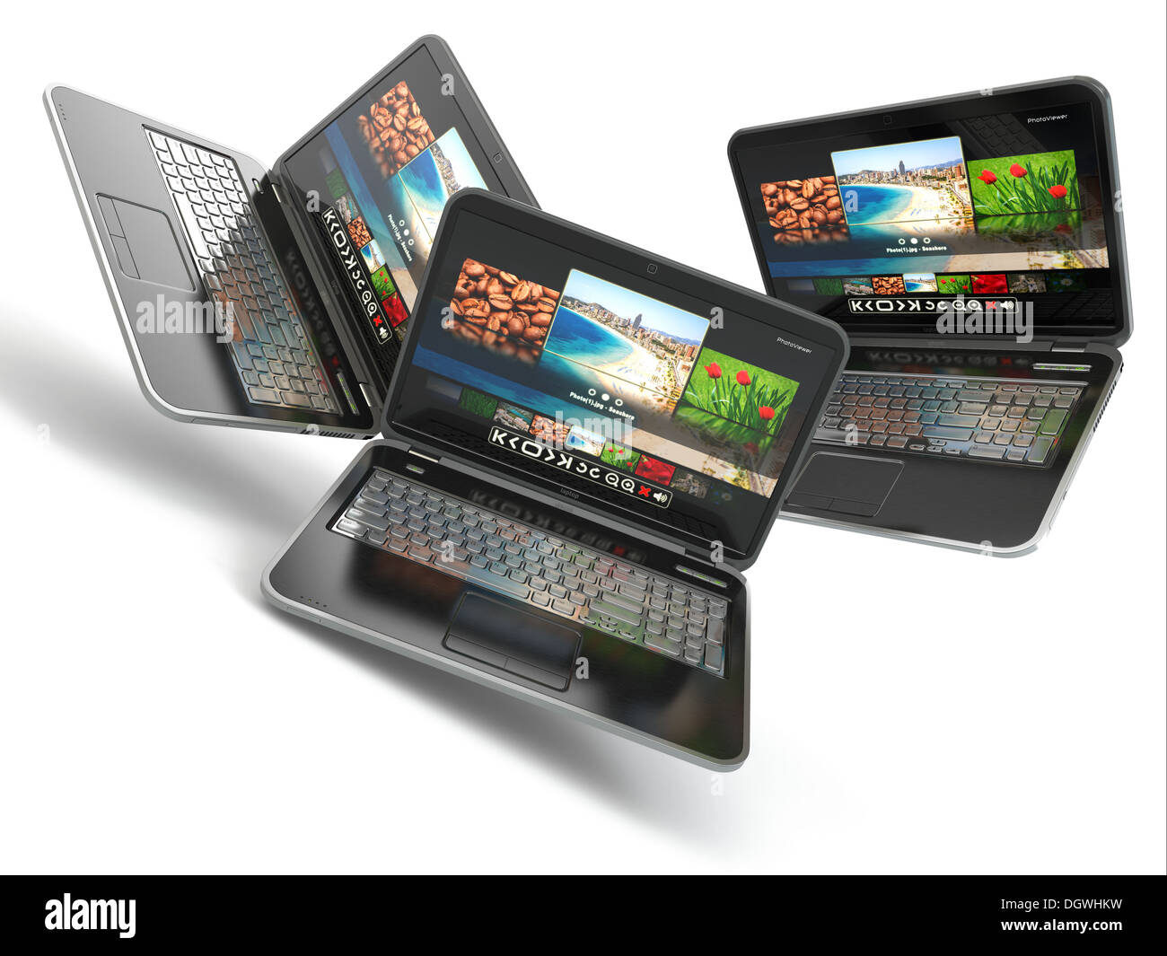 Three laptops with on white isolated background. 3d Stock Photo - Alamy