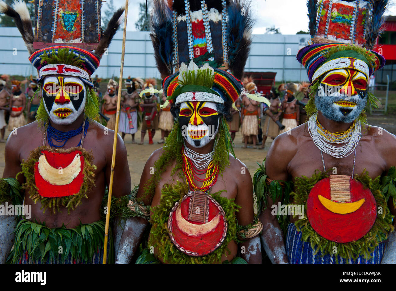 Colourfully decorated and painted tribesmen celebrating the traditional ...